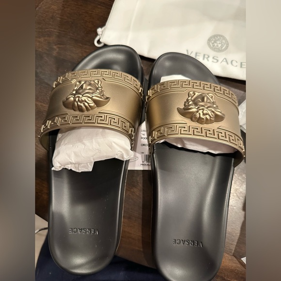 Versace | Shoes | Nib Gold And Black Versace Slides Size 4 Full ...